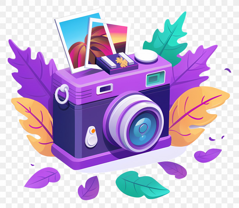 Cartoon Camera - Vibrant Purple Camera With Autumn Leaves, PNG ...
