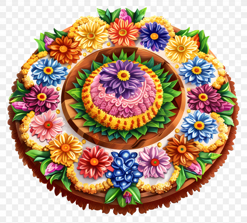 Onam Pookalam - Colorful Floral Mandala With Flowers And Leaves, PNG ...