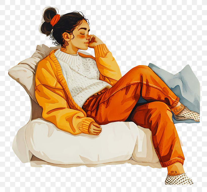 Comfy Day - Woman Relaxing On Couch In Casual Outfit, PNG, 3876x3596px ...