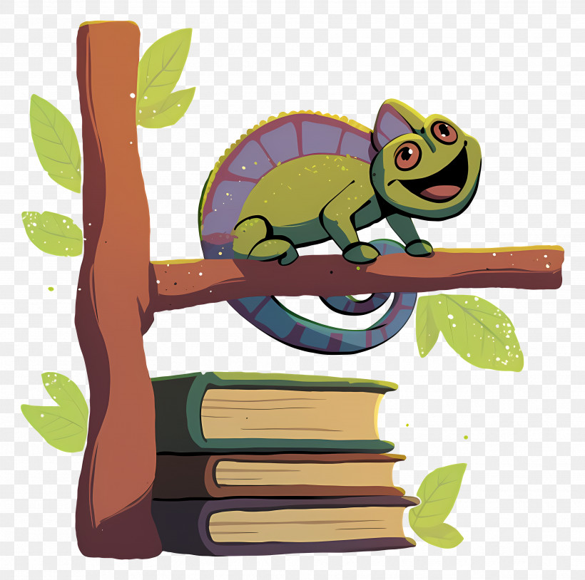 Chameleon - Cartoon Chameleon On Branch Above Books, PNG, 3512x3488px ...