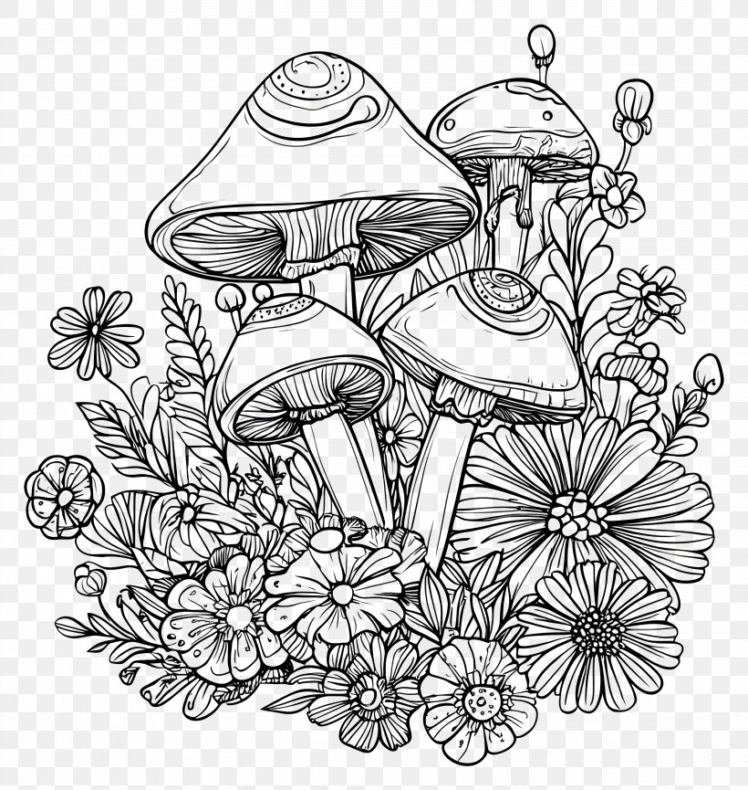 Mushroom Coloring Page - Mushrooms And Flowers Illustration, PNG ...