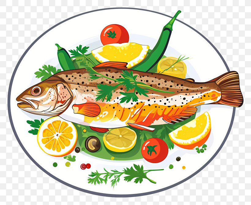 Fish Dish Simplistic Vector Art - Grilled Fish Dish With Vegetables ...