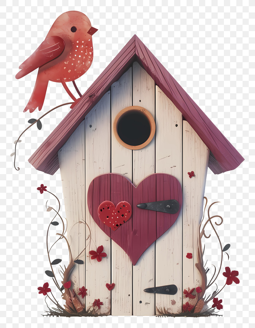 Flat Valentine Bird House - Birdhouse With Red Bird Decoration, PNG ...