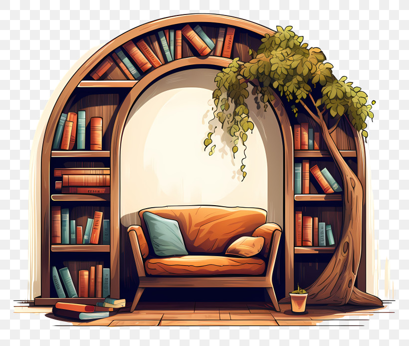 Book Nook - Cozy Library With Bookshelf And Tree, PNG, 3800x3212px ...