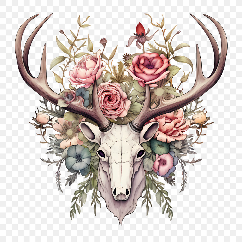 Antlers And Flowers - Deer Skull Decorated With Flowers, PNG ...