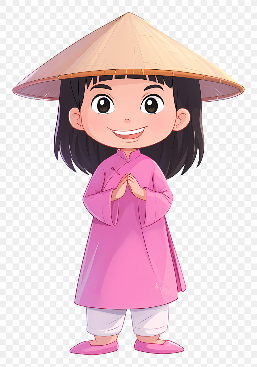 Vietnamese Girl - Cartoon Girl In Traditional Attire With Conical Hat ...