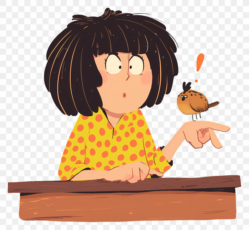 Cartoon Asian Woman - Curious Girl With Bird On Finger, PNG ...