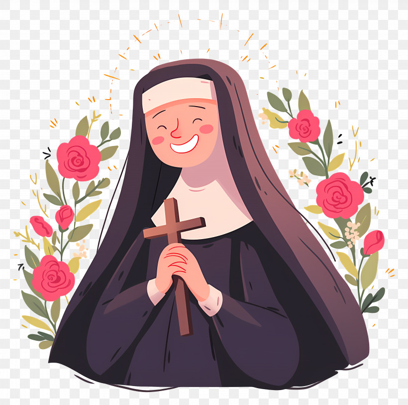 Cartoon Nun Praying - Smiling Nun With Cross And Roses, PNG ...