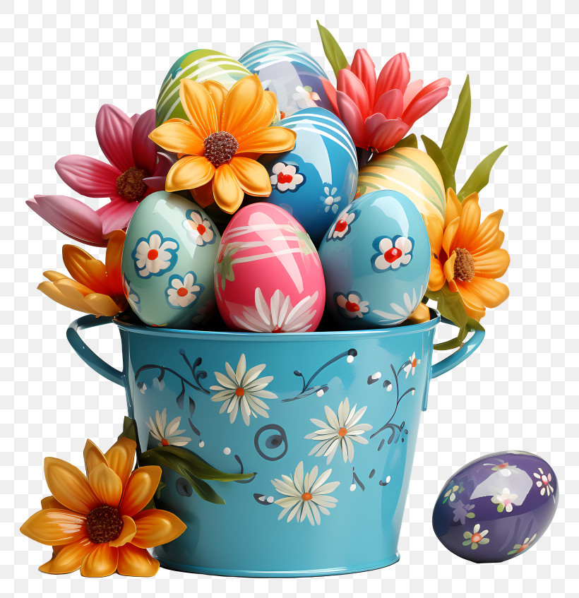 Easter Eggs - Festive Bucket With Painted Easter Eggs And Flowers, PNG ...
