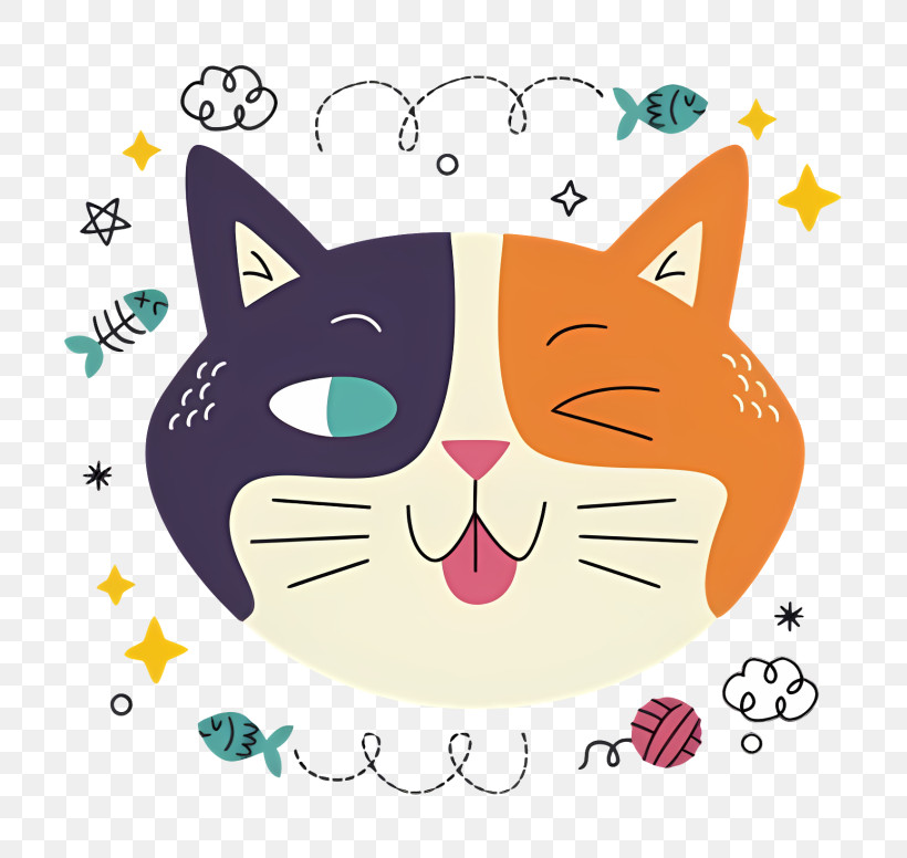 Cartoon Cat - Playful Winking Cat Face With Fish And Yarn, PNG ...
