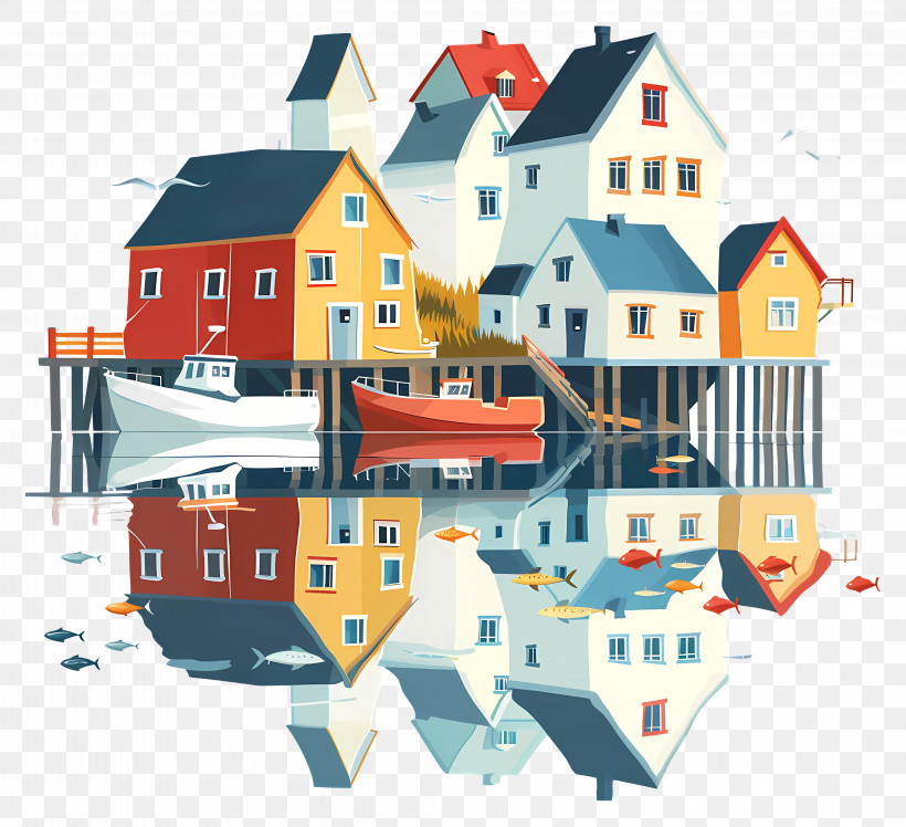 Fishing Village - Colorful Houses Reflecting On Water, PNG, 4276x3904px ...